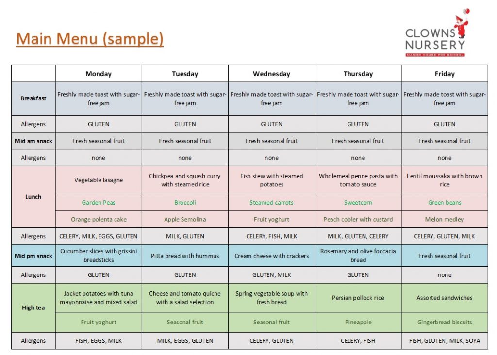 Sample Menus | Clowns Nursery