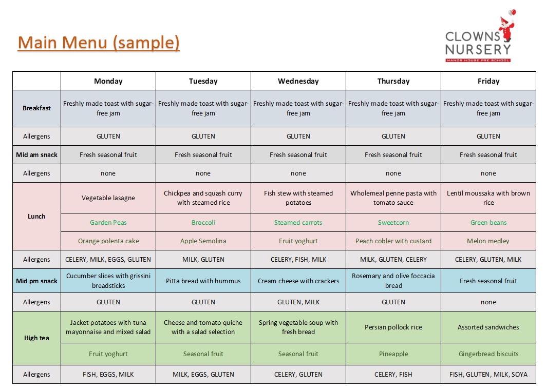 Sample Menus Clowns Nursery
